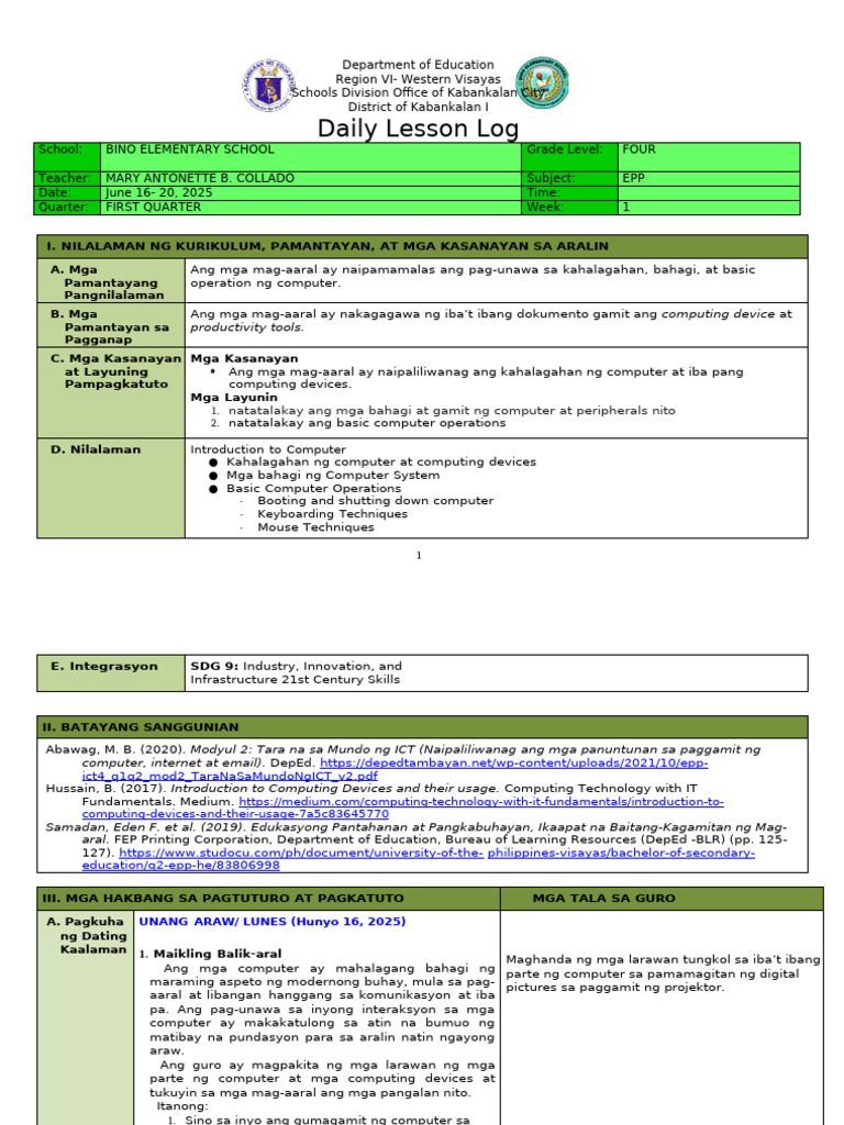 Q1 LE EPP 4 Lesson 1 Week 1 | PDF