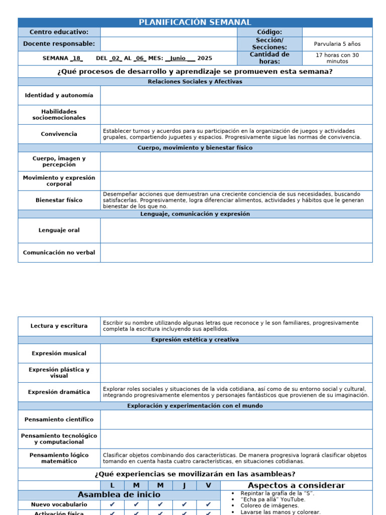 Planificación Semanal de 5 Años Semana 18 A 20 | PDF | Comunicación ...
