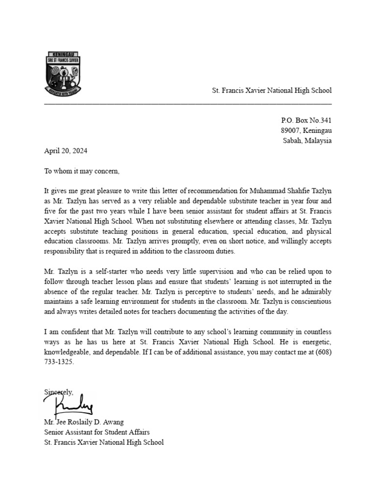 Reference Letter for Substitute Teacher | PDF