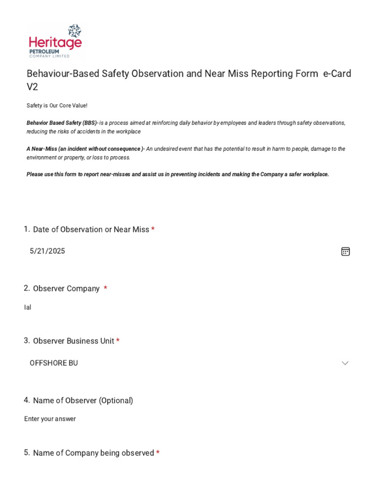 BBS Observation and Near Miss Reporting Form | PDF | Safety | Risk