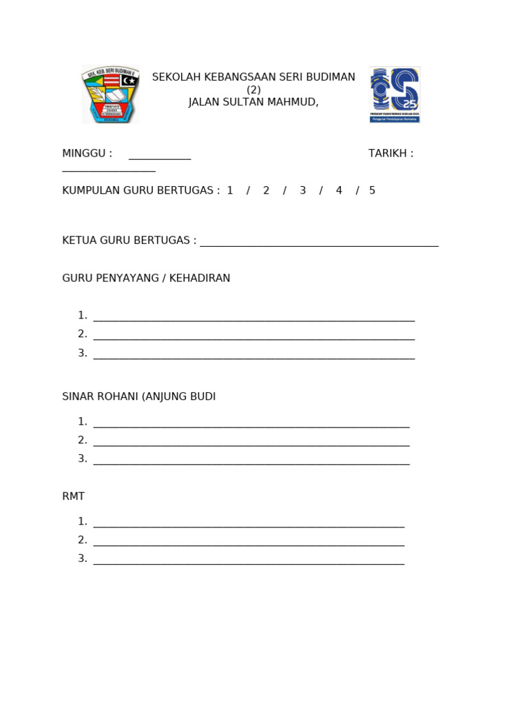 Templat Guru Bertugas Mingguan 2025 | PDF