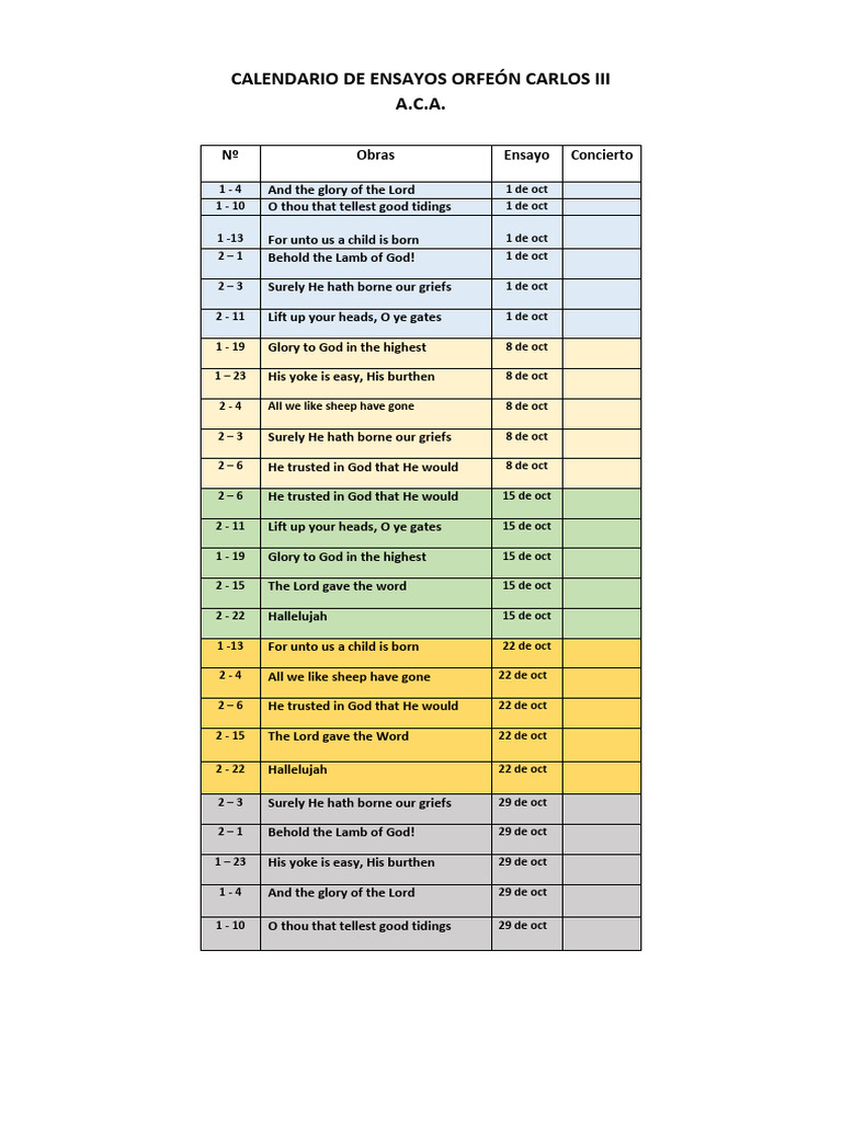 Calendario de Ensayos Orfeón Carlos Iii | PDF
