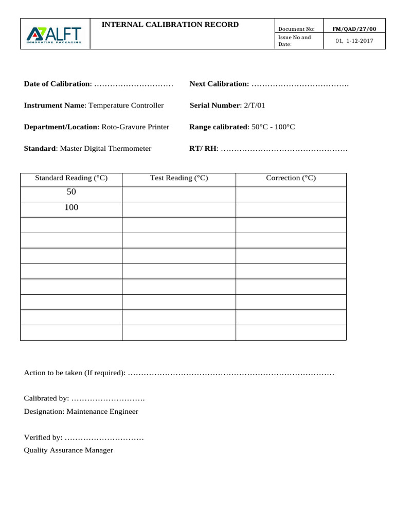 27-Internal Calibration Record - Roto Gravure | PDF | Calibration ...