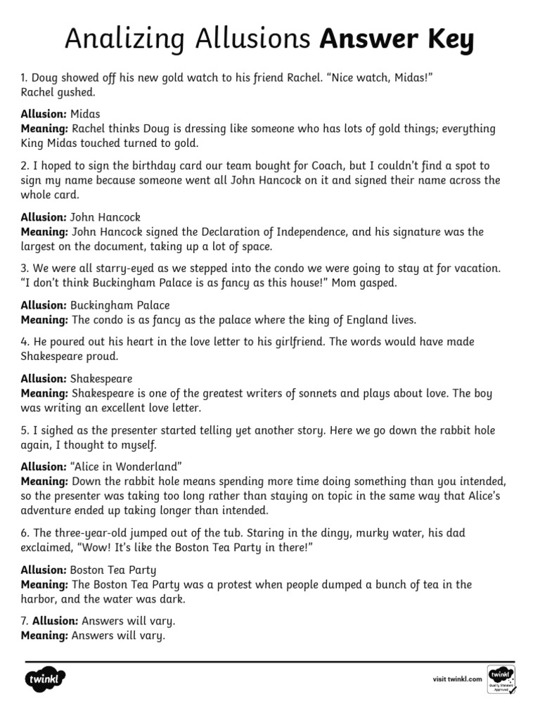 Answer Key Seventh Grade Analyzing Allusions Activity | PDF