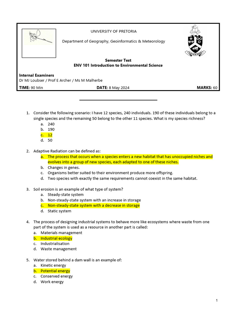 Environmental Science Semester Test 2024 | PDF | Malnutrition | Pollution