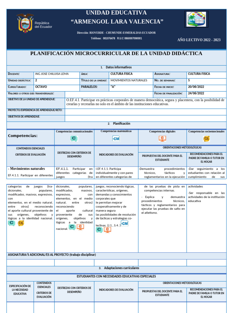 Plan Microcurricular 2022 - 2023 Cultura Fisica 7 Semana | PDF | Maestros | Aprendizaje