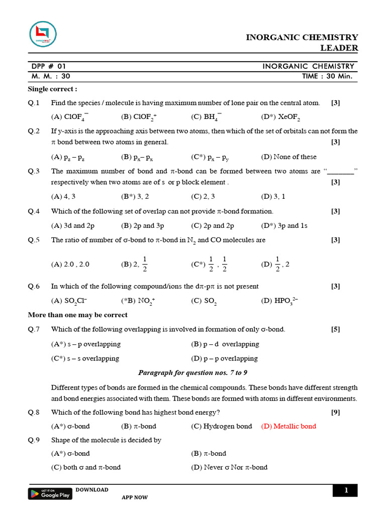 DPP - 01 To 15 - Chemical Bonding (With Answer) | PDF | Silicate | Chemical Polarity