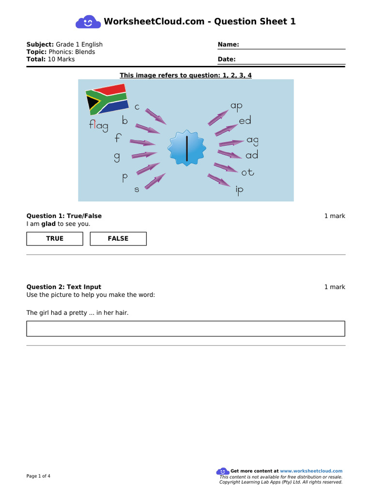 Grade 1 Phonics Blends Worksheet | PDF