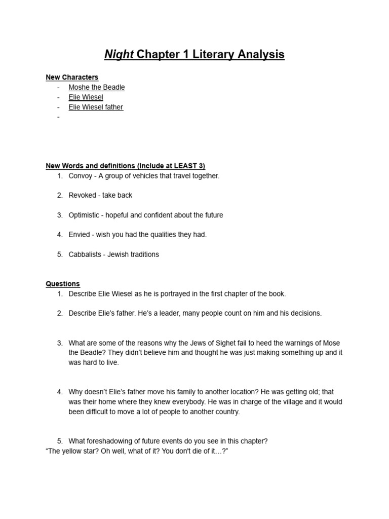 Capizzani - Night Chapter 1 Literary Analysis | PDF