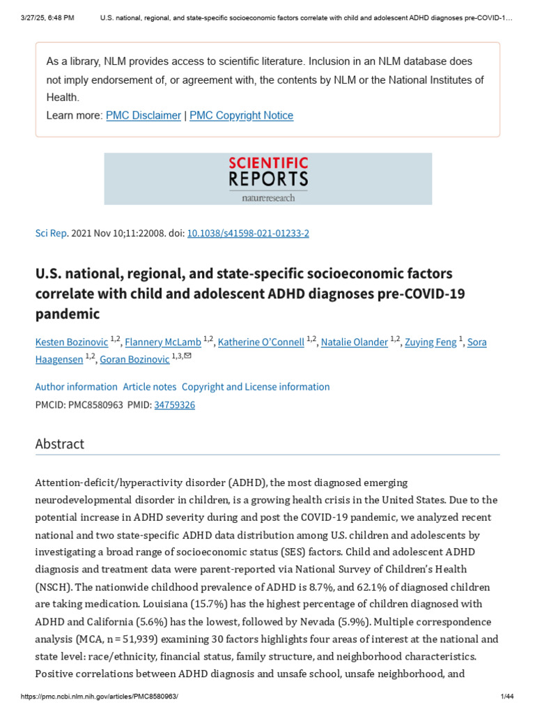 U.S. National, Regional, and State-Specific Socioeconomic Factors Correlate With Child and ...