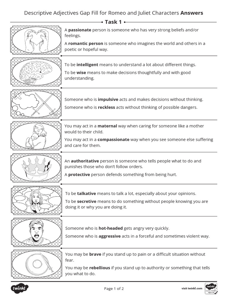 Romeo and Juliet Character Description Gap Fill Answers | PDF