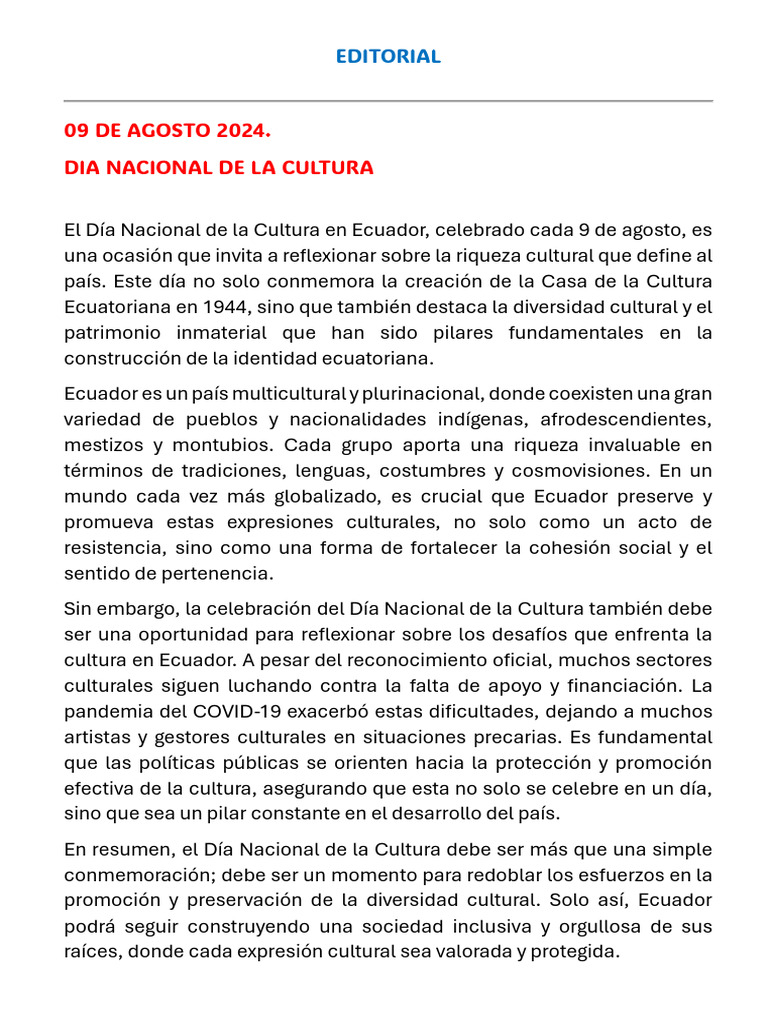 Día Nacional de la Cultura en Ecuador | PDF | Ecuador