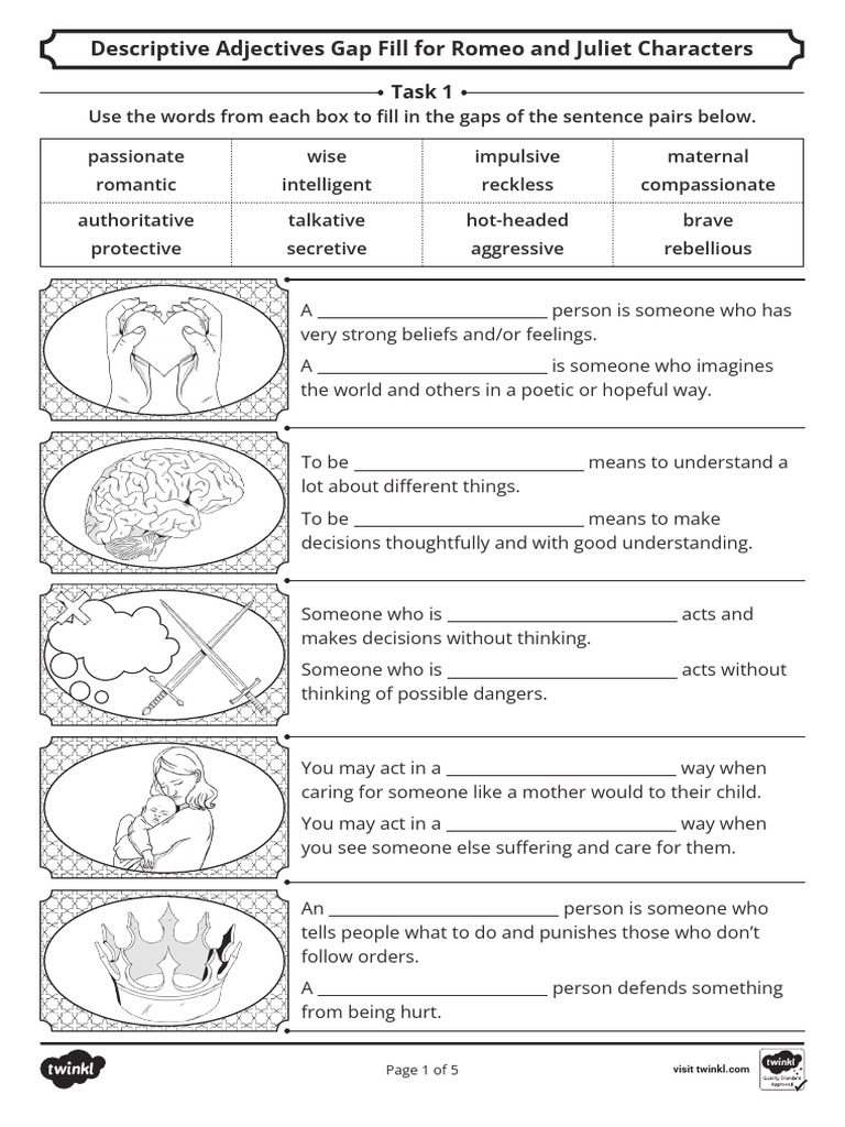 Romeo and Juliet Character Description Gap Fill B&W | PDF