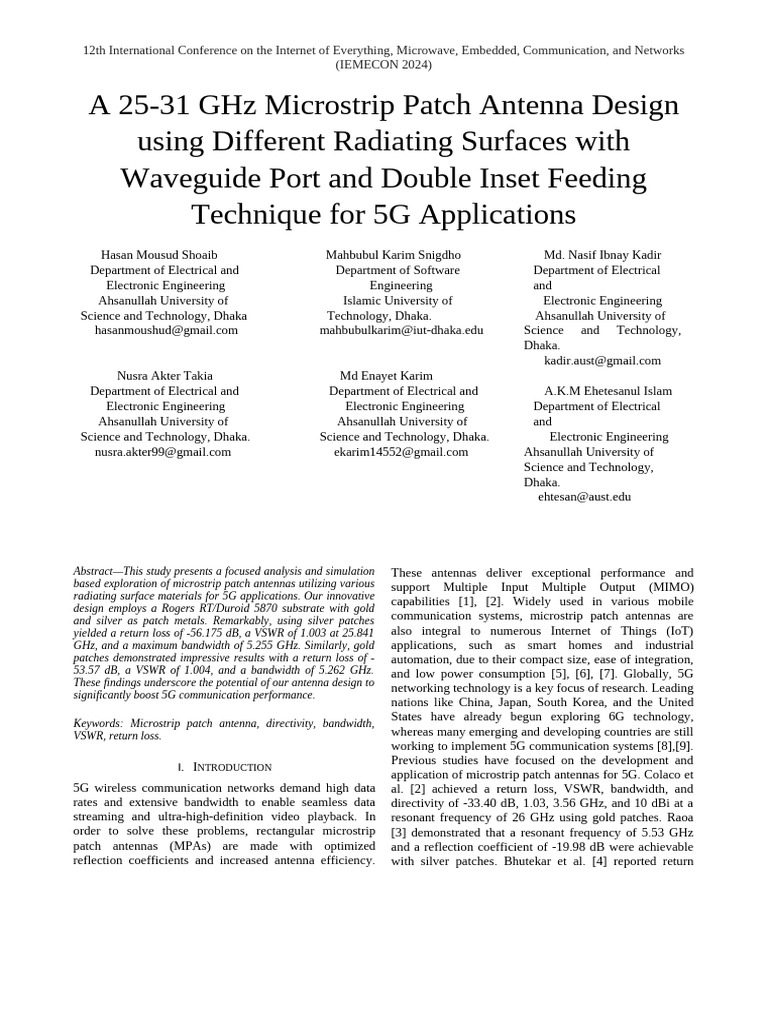 A 25-31 GHz Microstrip Patch Antenna Design Using Different Radiating Surfaces With Waveguide ...