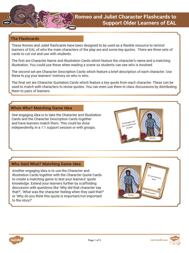 EAL Character Flashcards for Romeo & Juliet | PDF | Characters In Romeo ...
