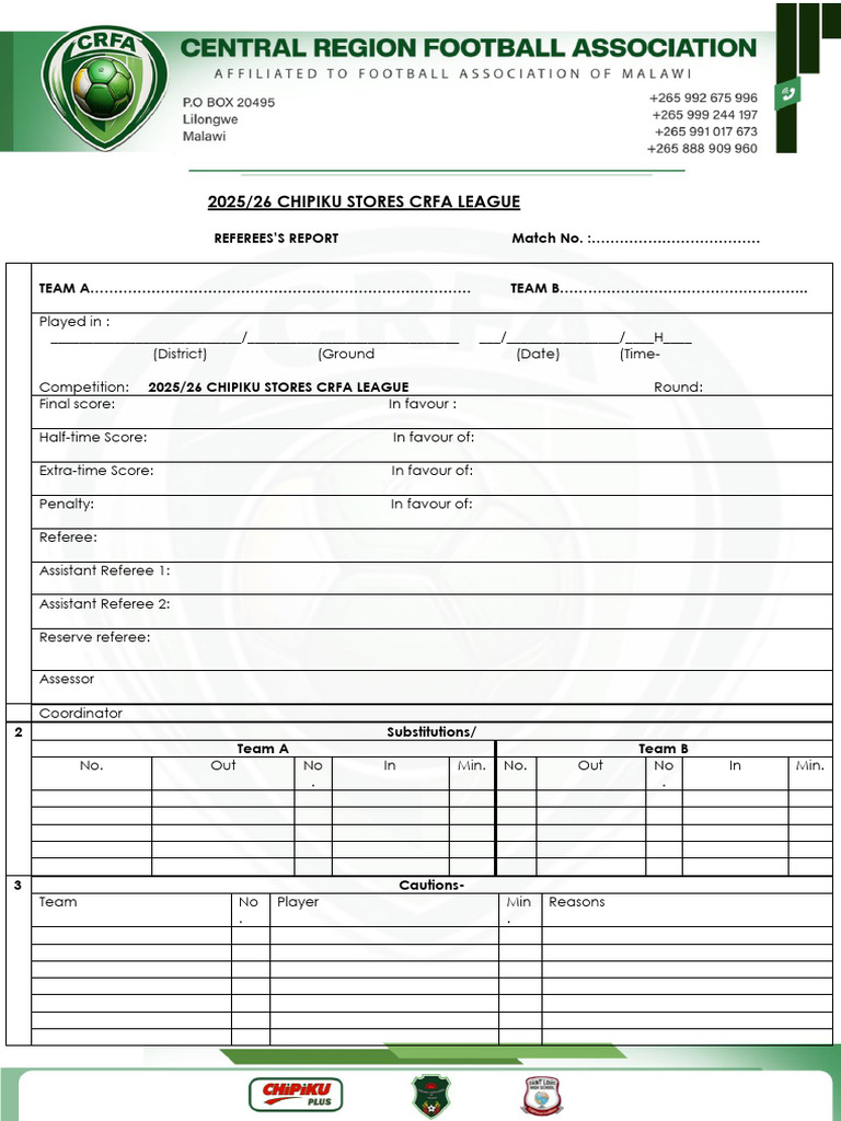 2025 Chipiku Stores Crfa League Referees Match Report Forms Official ...