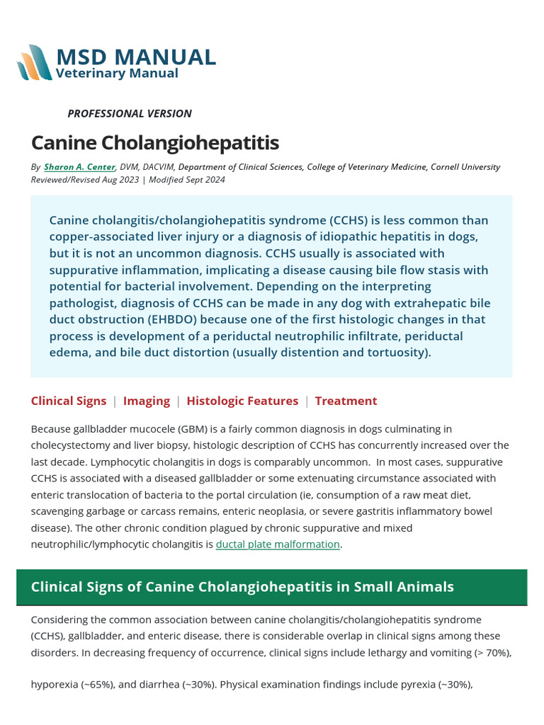 Canine Cholangiohepatitis - Digestive System - MSD Veterinary Manual | PDF | Liver | Gallbladder