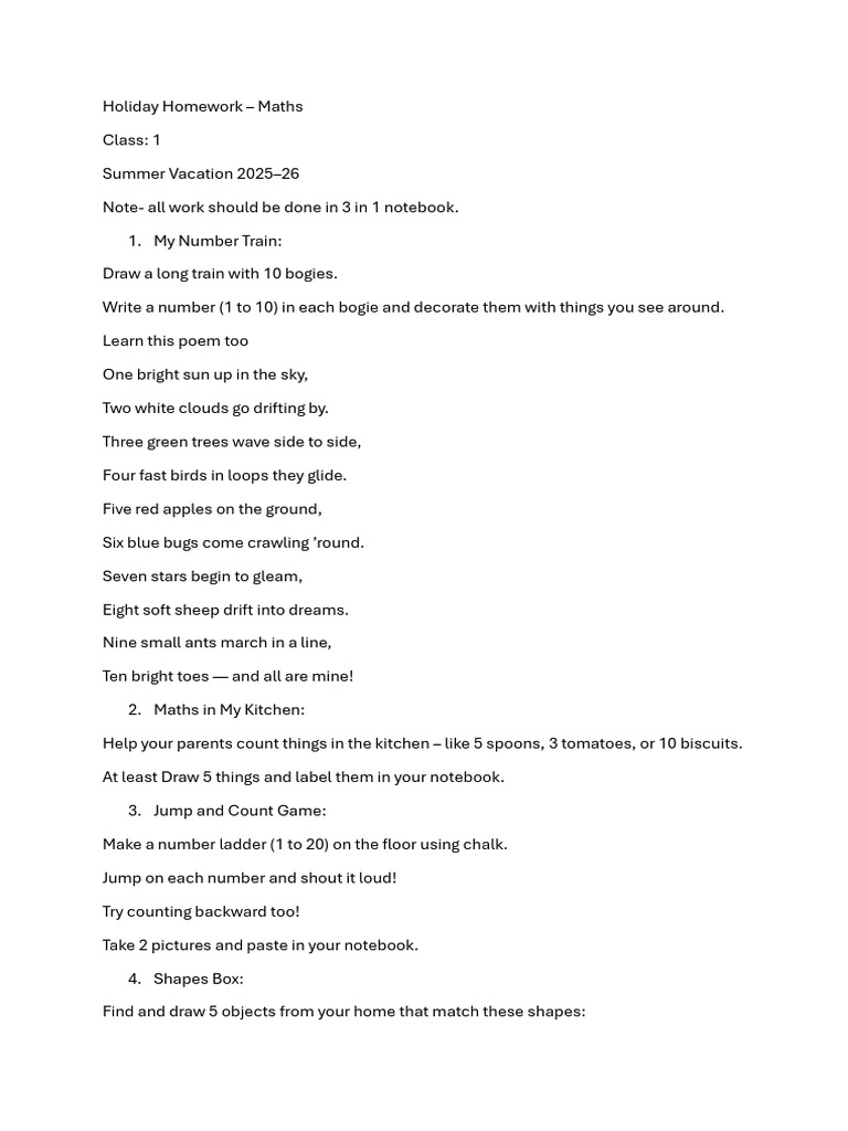 Class 1 Holiday Homework 2025-26 | PDF