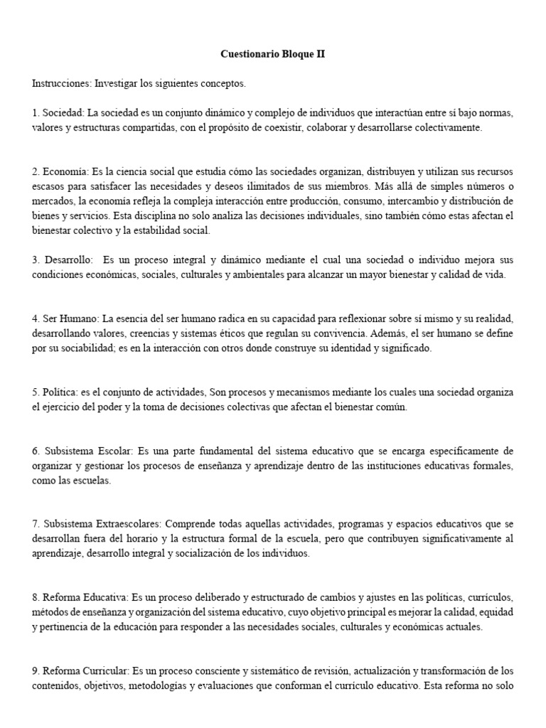Cuestionario Bloque II Yoselin | PDF | Sociedad | Plan de estudios
