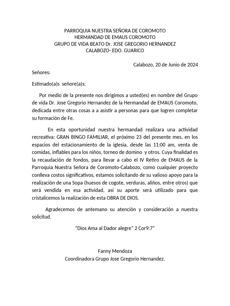 Carta de Solicitud de Apoyo Emaus | PDF