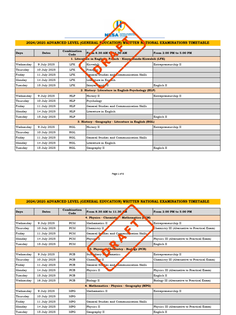 Draft 2024-2025 A'l (GE) Written National Examinations Timetable | PDF | Science