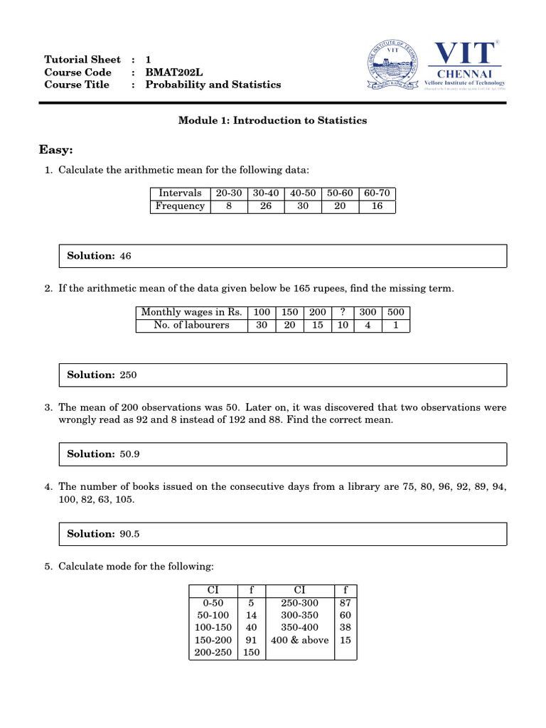 PS Module1 Common Tutorial Sheet Win 24 25 | PDF | Mean | Standard ...