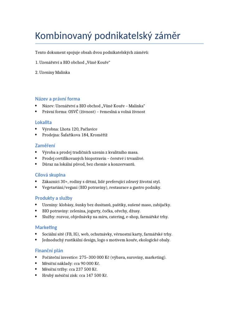 Kombinovany Podnikatelsky Zamer | PDF