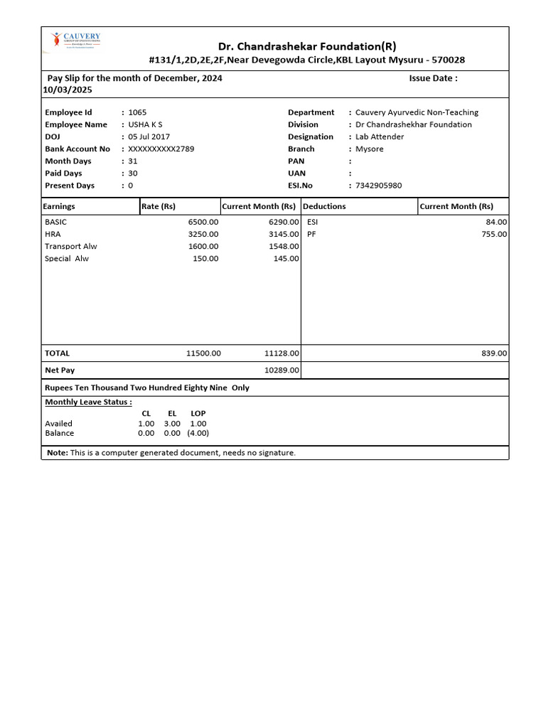 FY2024-25 Payslip For Dec Usha | PDF