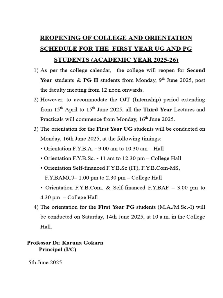 Reopening of College & Orientation Notice (AY 25-26) | PDF