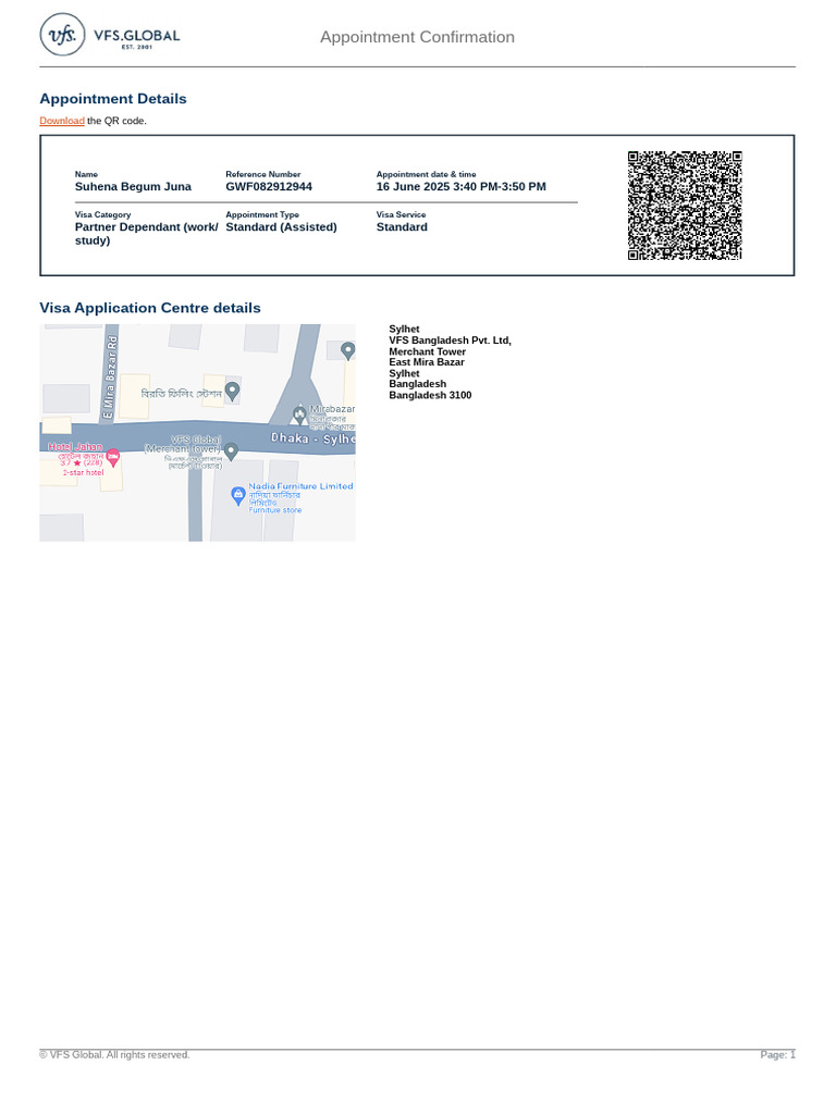 VFS Appointment Confirmation - Sylhet | PDF | Visa Inc.