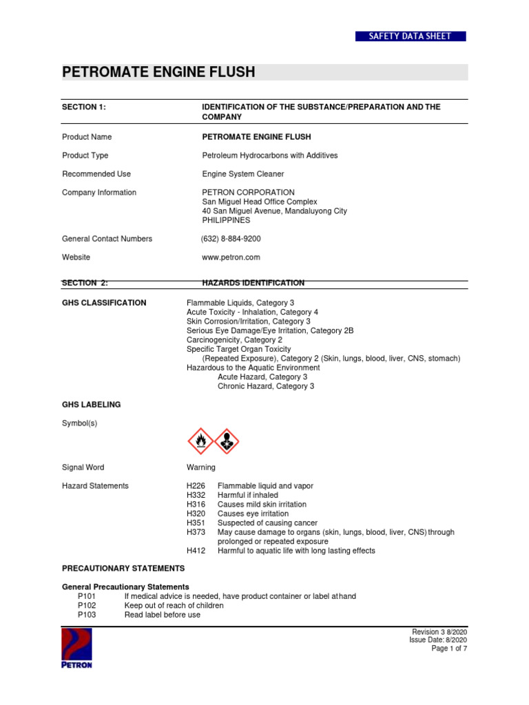 Https WWW - Petron.com Wp-Content Uploads 2018 10 SDS-Petromate-Engine-Flush-rev-3 | PDF ...