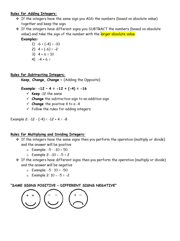 Rules For Operations of Integers | PDF | Division (Mathematics ...