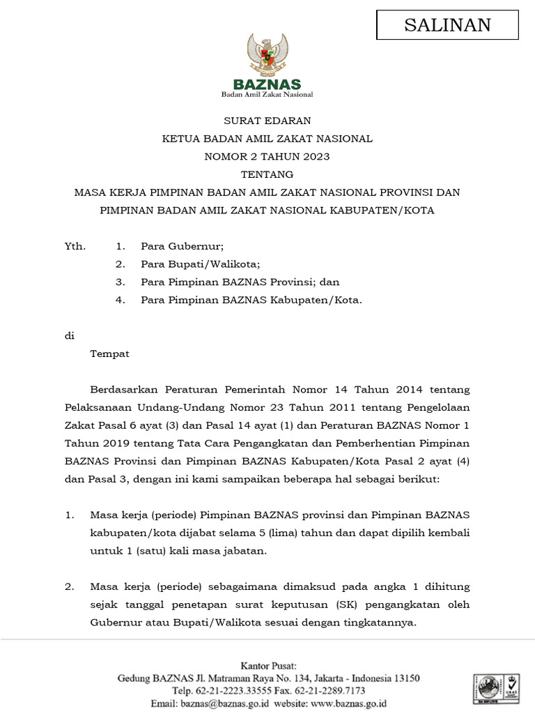 Masa Kerja Pimpinan BAZNAS 2023 | PDF
