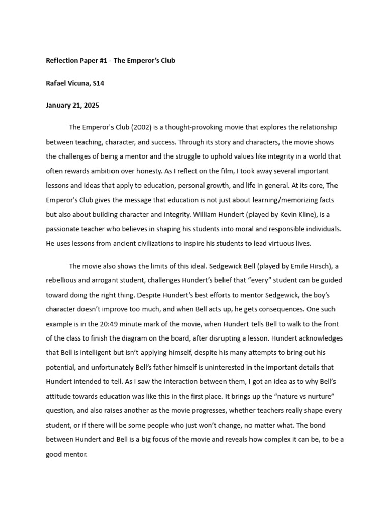 Reflection Paper 1 - The Emperors Club | PDF | Cognition | Behavioural Sciences