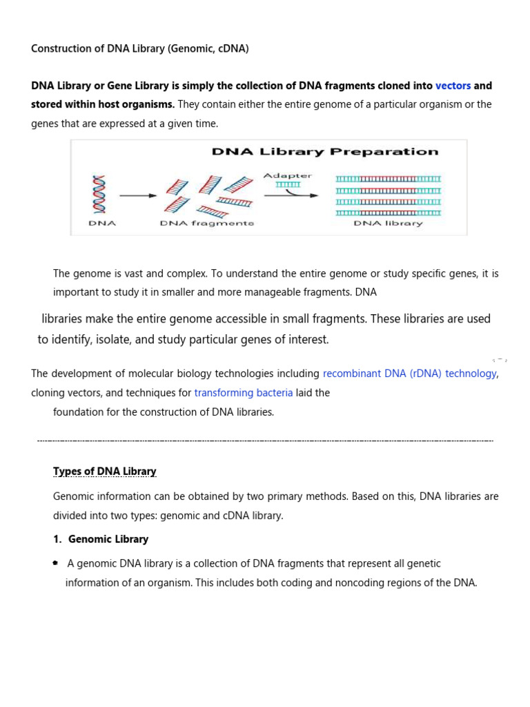 Construction of DNA Library (Genomic, cDNA) | PDF | Complementary Dna | Molecular Cloning