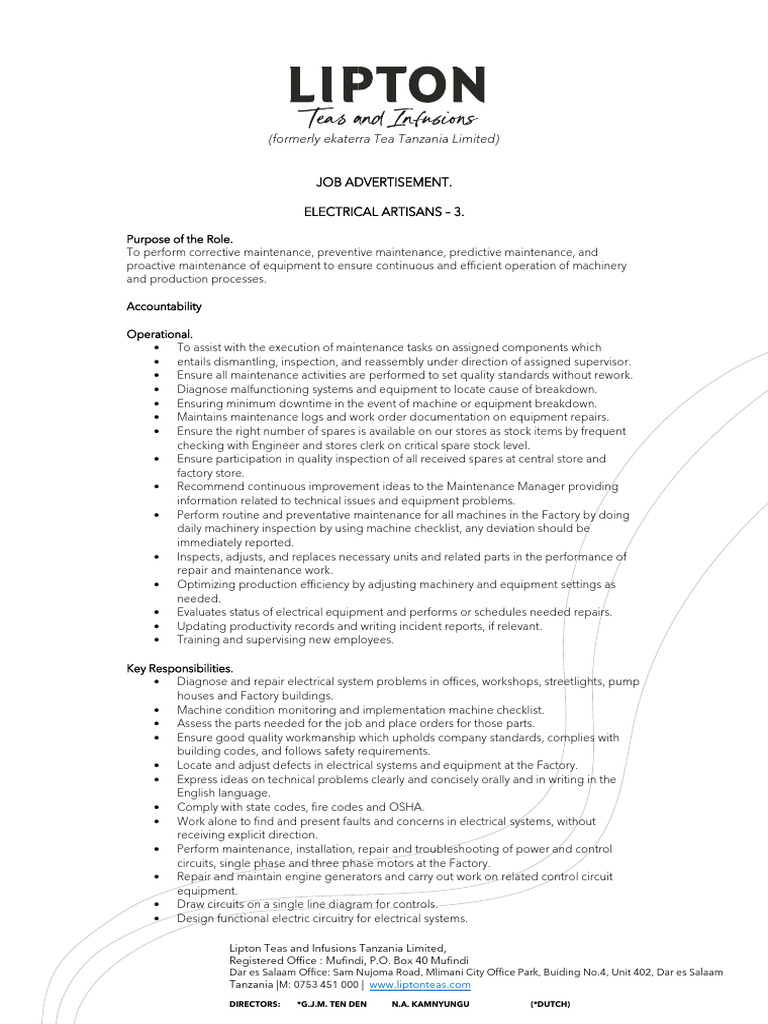 Job Advert - Electrical Artisans(Kilima-Kibwele)Factory | PDF