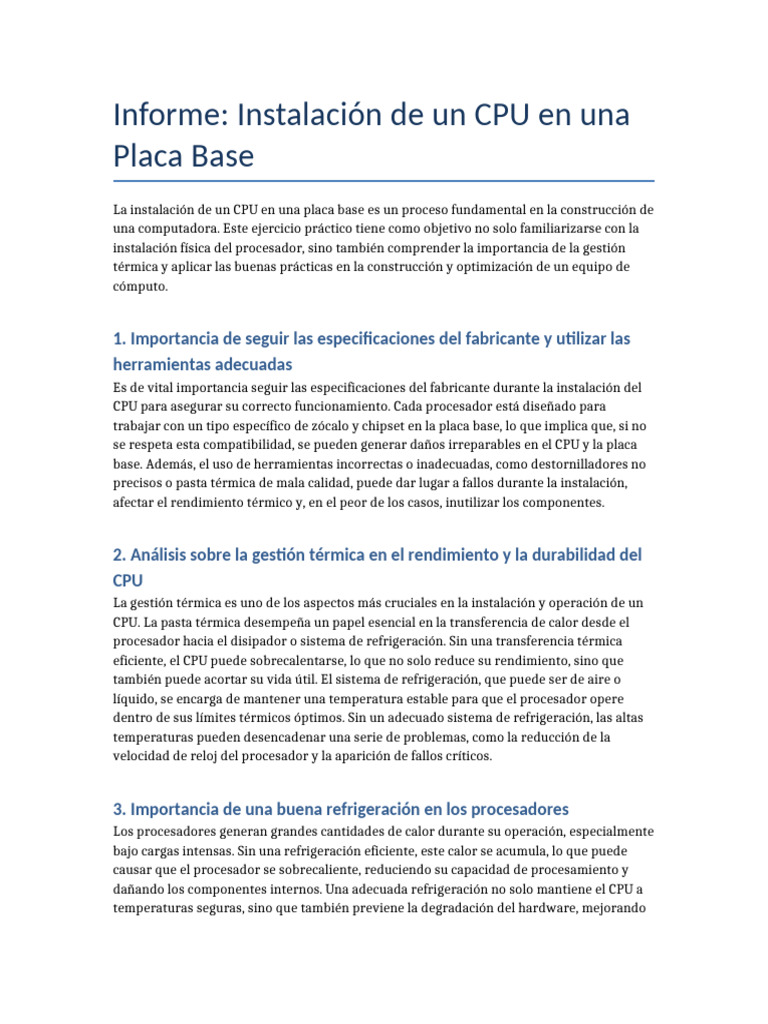 Informe Instalacion CPU Placa Base | PDF | Microprocesador | Unidad Central de procesamiento