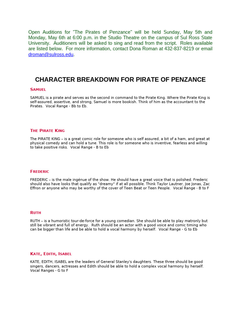 Open Auditions For Pirates of Penzance | PDF | Performing Arts