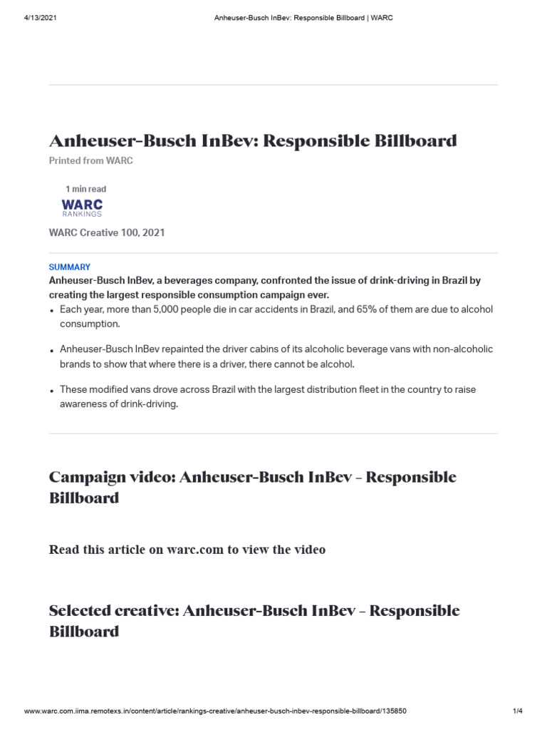 Anheuser-Busch InBev_ Responsible Billboard _ WARC | PDF | Drink