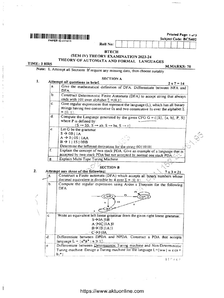 Btech Cs 4 Sem Theory of Automata and Formal Languages Bcs402 Aug 2024 | PDF