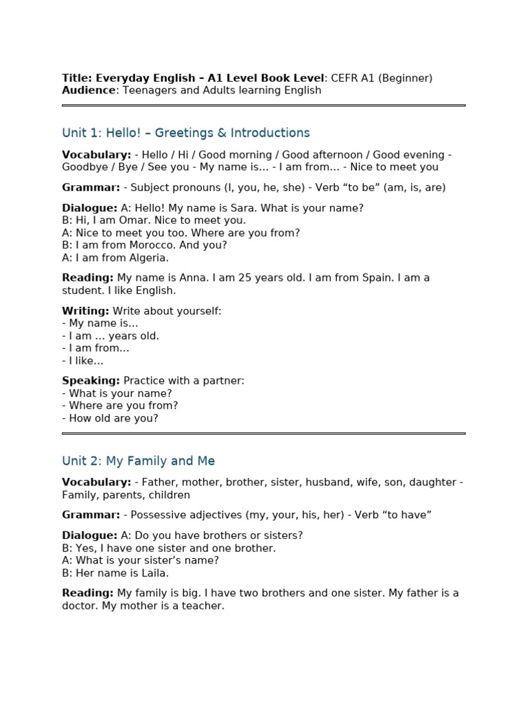 Everyday English A1 Level Guide | PDF | English Language | Linguistics