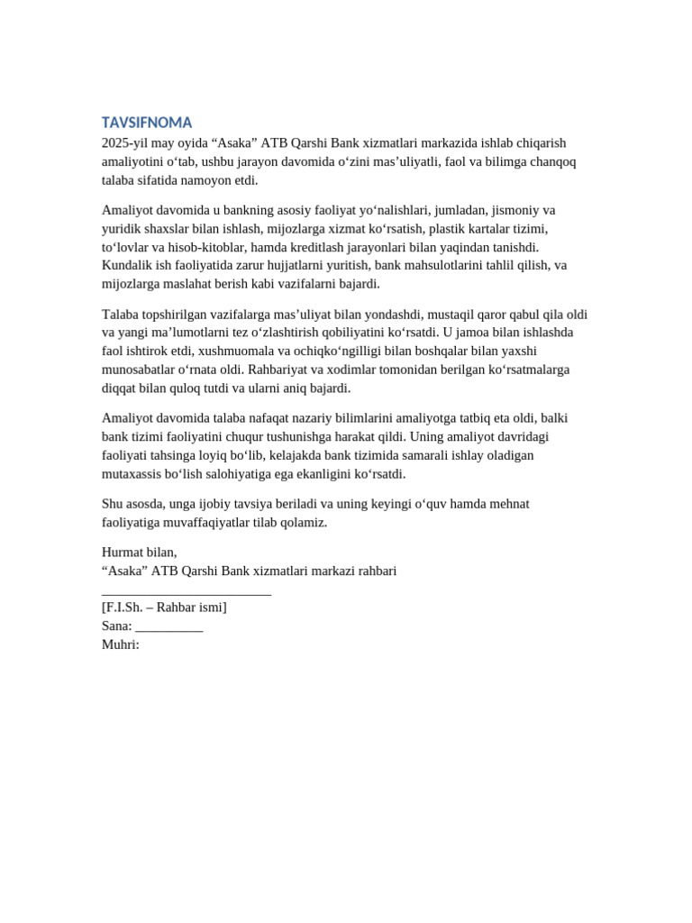 Tavsifnoma Asaka Bank | PDF