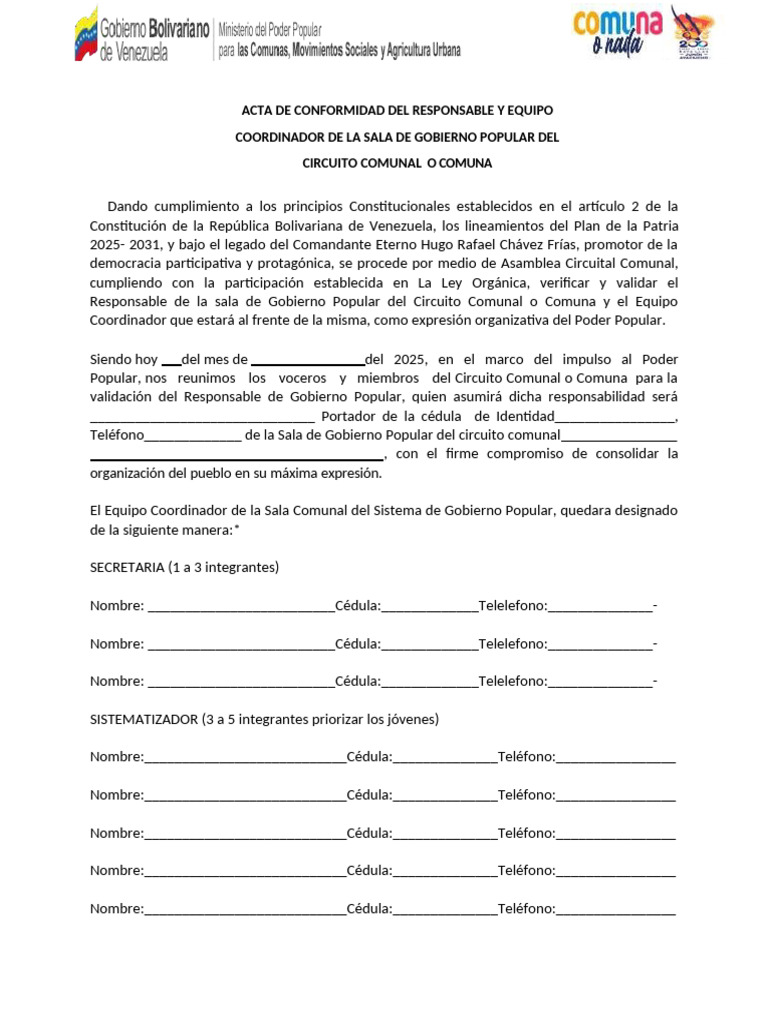 Acta de Conformidad Del Responsable de La Sala de Gobierno Popular Del Circuito Comunal o Comuna ...