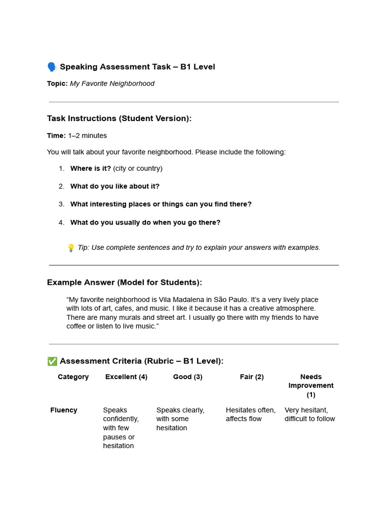 ? Speaking Assessment Task - B1 Level | PDF | Cognition | Cognitive Science