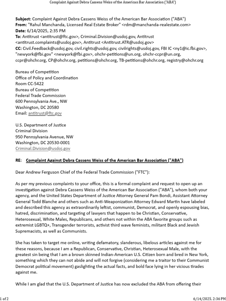 Complaint Against Debra Cassens Weiss of The American Bar Association ...