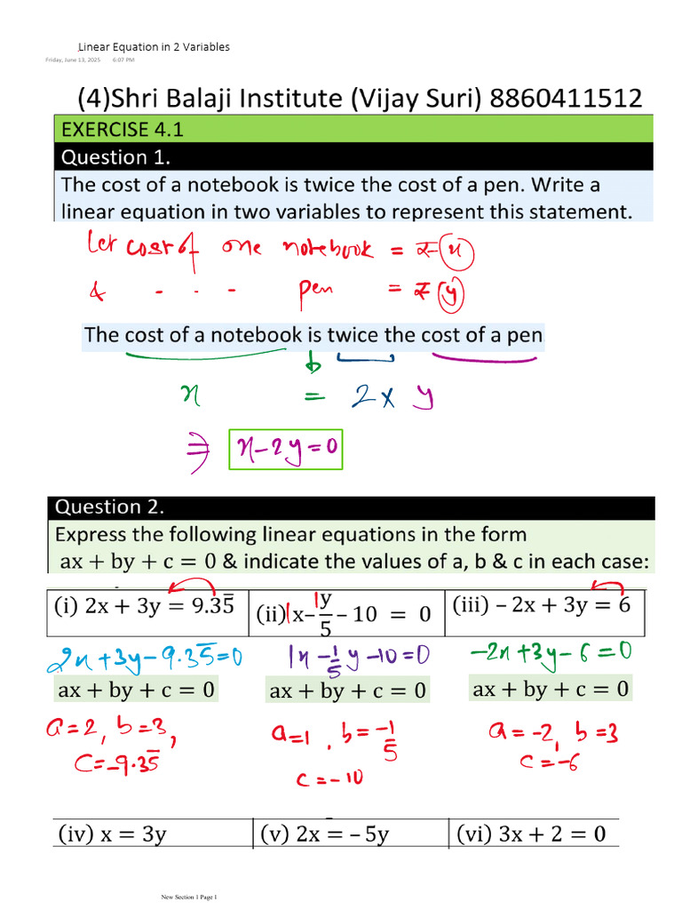 Linear Equation in 2 Variables | PDF