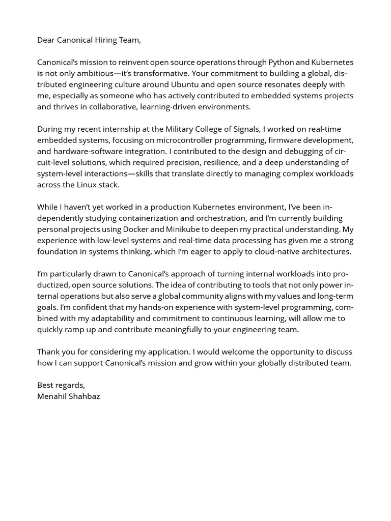 Canonical Software Engineer Python and k8s 7516621287 Cover Letter | PDF