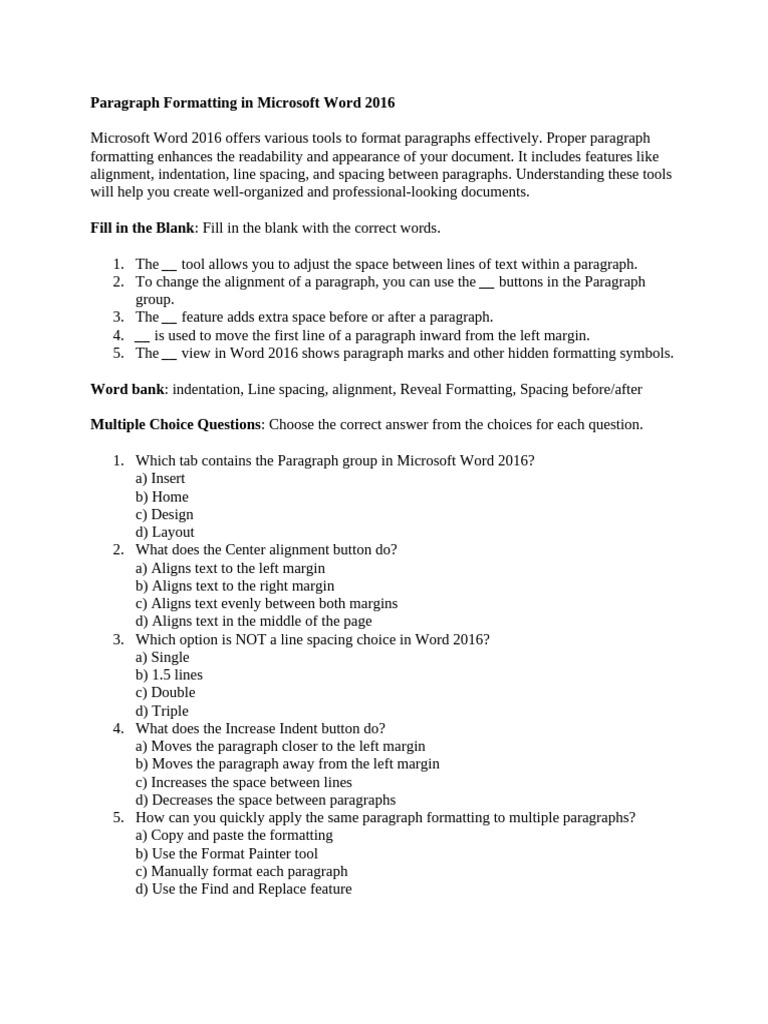 Paragraph Formatting in Microsoft Word 2016 | PDF | Paragraph ...