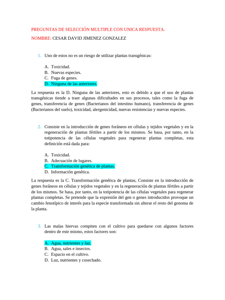 Preguntas de Selección Multiple Con Unica Respuesta | PDF | Agricultura ...