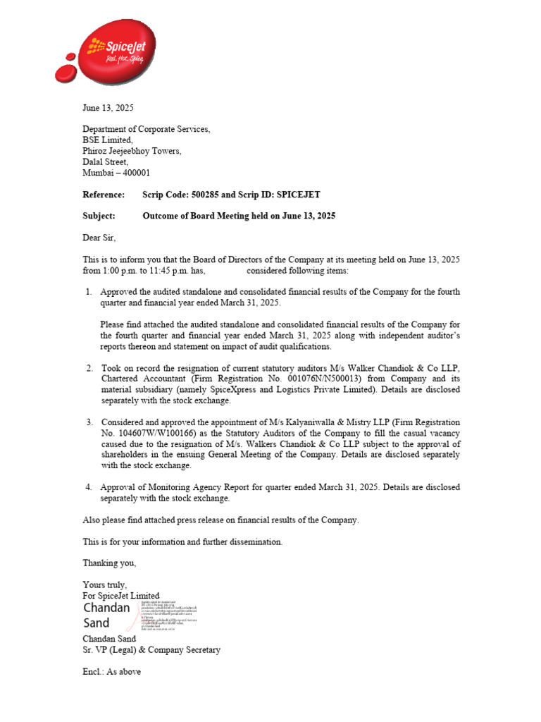 Reference: Scrip Code: 500285 and Scrip ID: SPICEJET Subject: Outcome ...